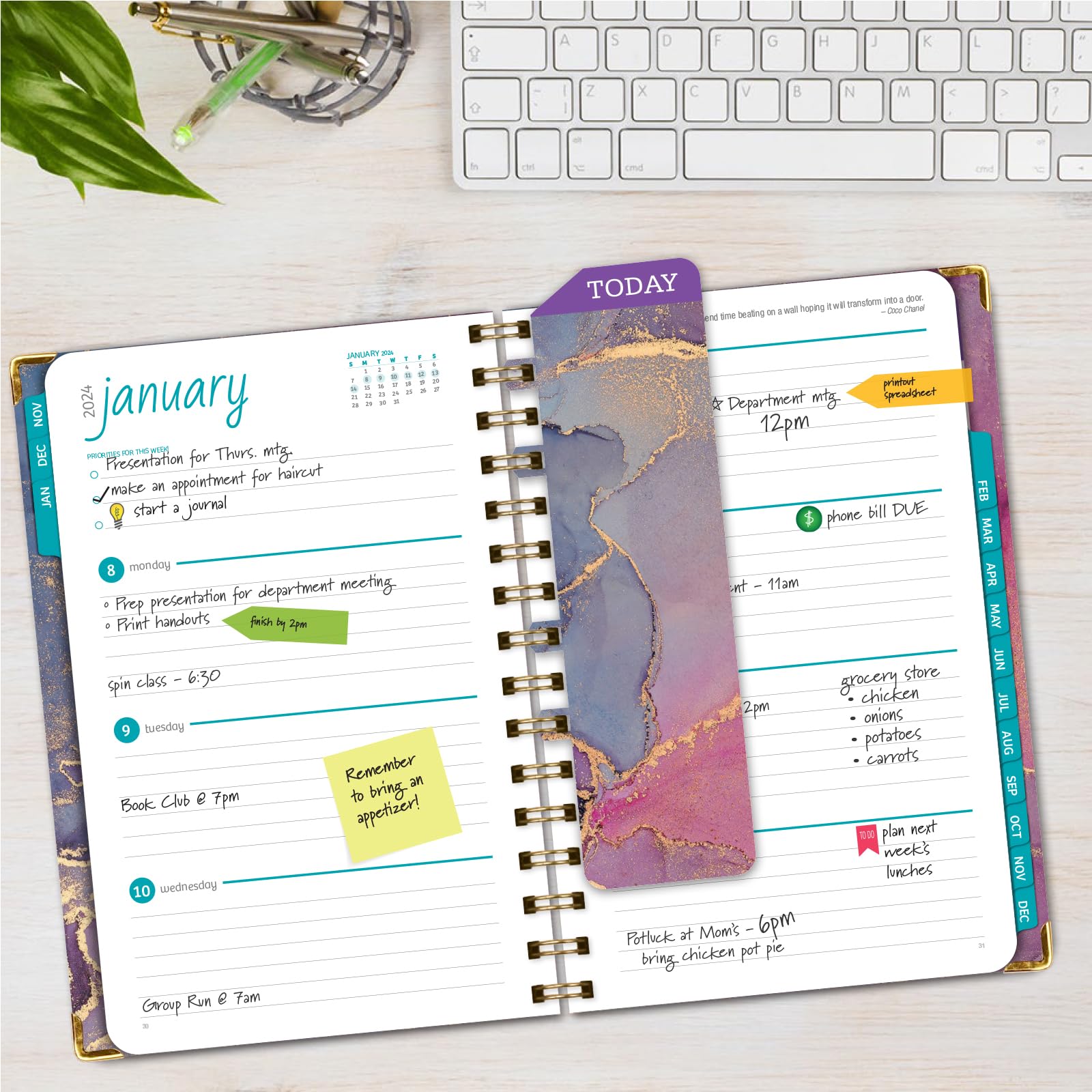 Global Printed Products HARDCOVER 2024 Planner: (November 2023 Through December 2024) 5.5"x8" Daily Weekly Monthly Planner Yearly Agenda Bookmark, Pocket Folder & Sticky Note Set (Pink Purple Marble)