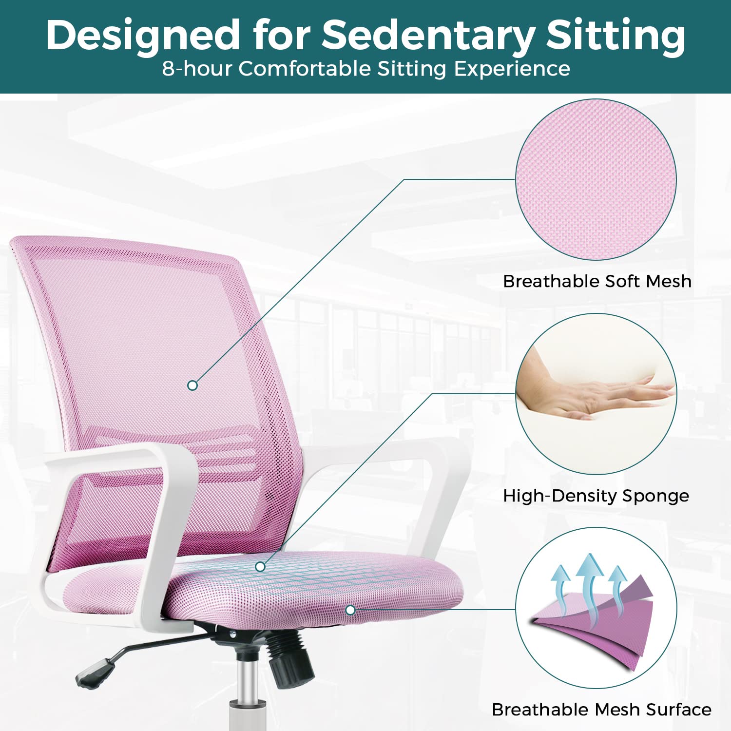Pink Office Chair Ergonomic Desk Chair Mesh Home Office Desk Chairs Computer Chair Mid Back Task Chair with Armrests Lumbar Support