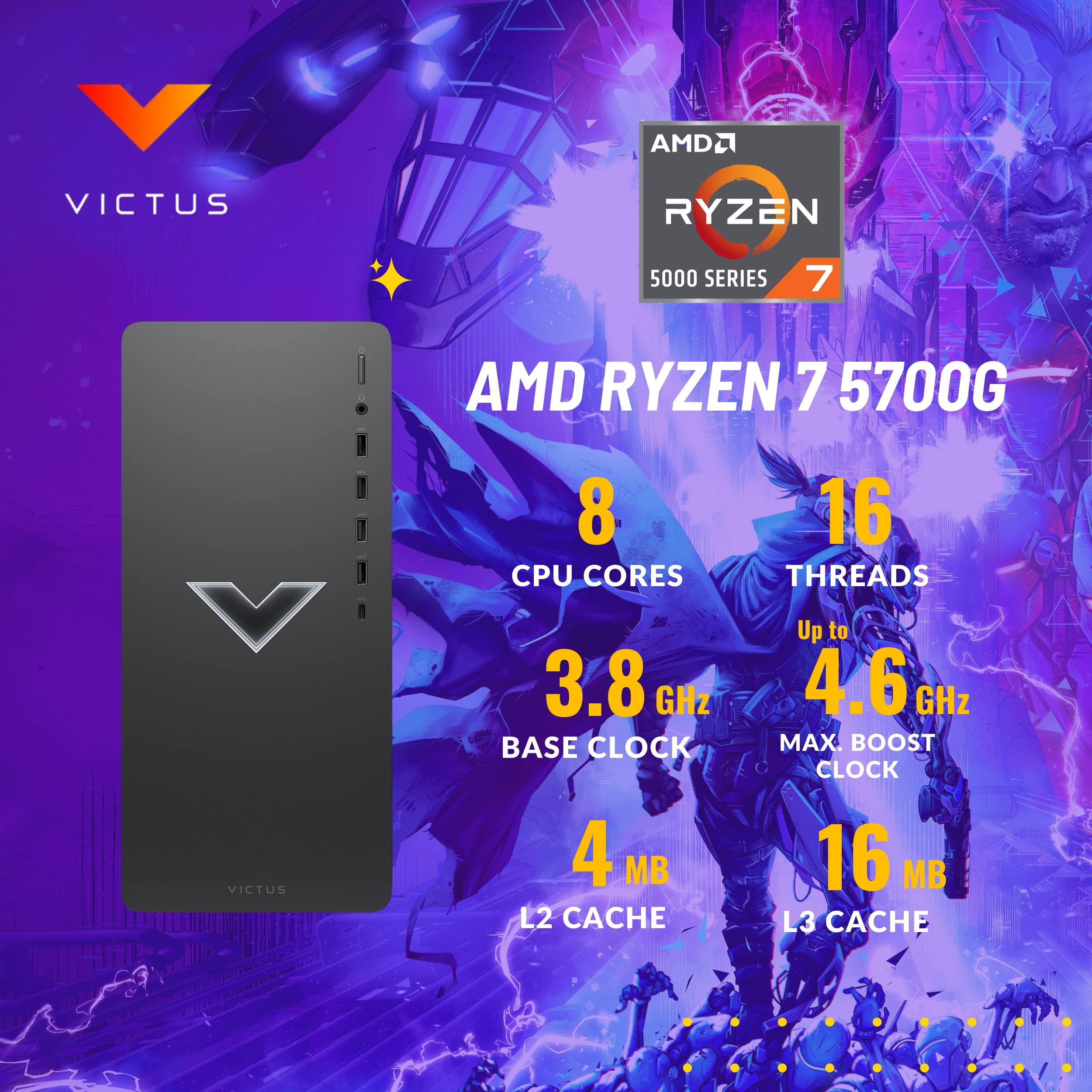 HP Victus Gaming PC, AMD Ryzen 7 5700G (8 cores, 16 Threads), 32 GB RAM, 1 TB PCIe SSD, Radeon RX 6600XT, Gaming Computer Desktop Bundle, USB C, WiFi 6, Windows 11 Home