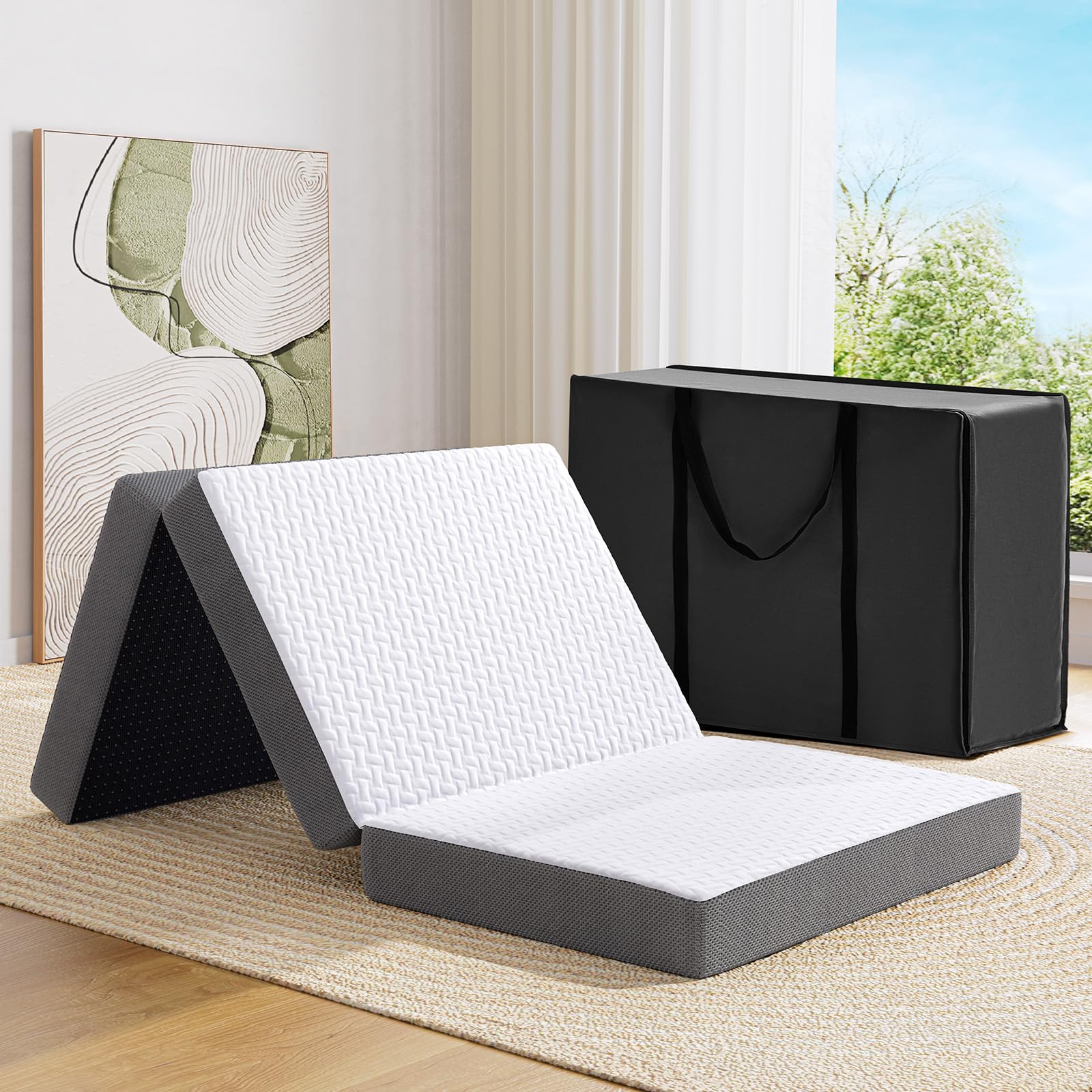 MASVIS Folding Memory Foam Mattress,4 inch Tri-fold Mattress Topper for Camping and Travel, Foldable Guest Bed with Removable Cover, Foldable Mattress with Storage Bag,Full