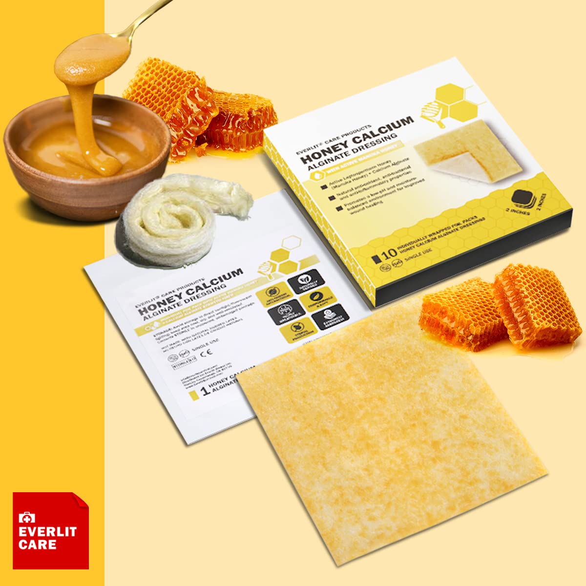 EVERLIT Honey Calcium Alginate Dressing 2” x 2” Pack of 10 | Sterile, Highly Absorbent Dressing With Pure Manuka Honey | Advanced Wound Care For Cuts, Skin Tears, Burns, Pressure Sores, Diabetic Ulcer