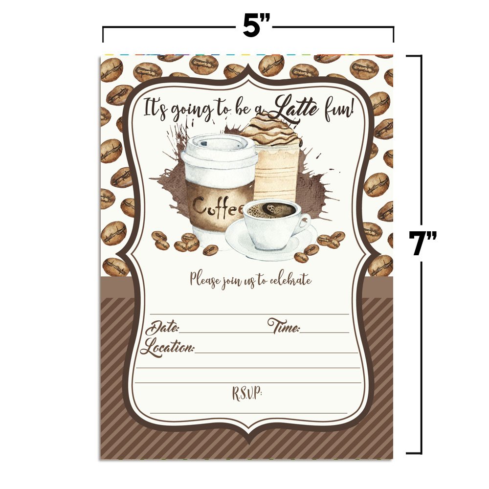 Watercolor Coffee Latte Fun Birthday Party Invitations, 20 5x7 Fill In Cards with Twenty White Envelopes by AmandaCreation