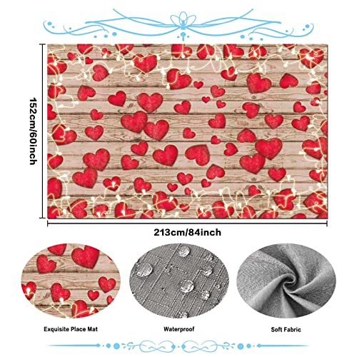 HQM Valentine's Day Table Top Collection Rectangle Fabric Red Love Classic Wooden Floor Tablecloth for Mother's Day Valentine's Day Wedding Home Kitchen Dining Decoration Table Runner 84x60inch