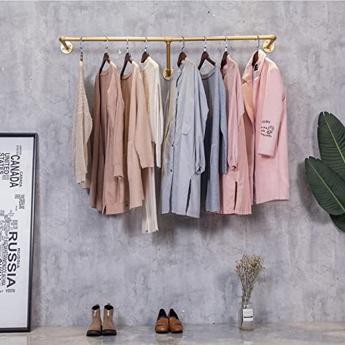 MDEPYCO Industrial Pipe Wall Mounted Towel Clothing Hanging Shelves System,Vintage Laundry Room Storage Rod,Metal Garment Rack for Clothes Retail Display Stand (71" L x 11.8" D, Gold)