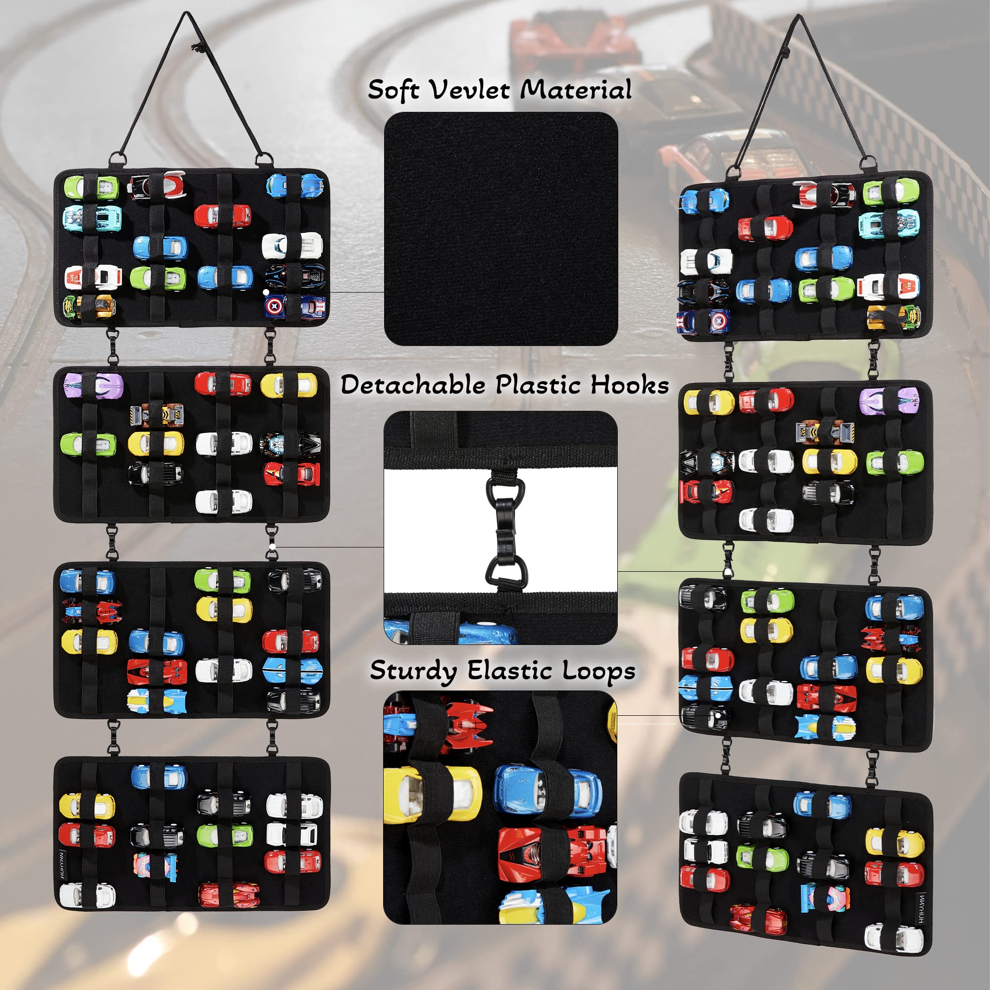 HUHYNN Hanging Display Case Compatible with 80 Hot Wheels Matchbox Cars,Toy Cars Storage with 4 Detachable Panels for Hot Wheels Storage Organizer (80 Slots-Black)