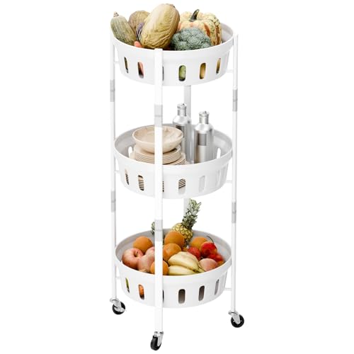 TOLUON Foldable Kitchen Storage Rack with Universal Wheels, 3 Tiers Large Capacity Smooth Sliding Vegetable Basket, Sturdy Construction No Installation Sundries Storage Shelf for Dorm Office White