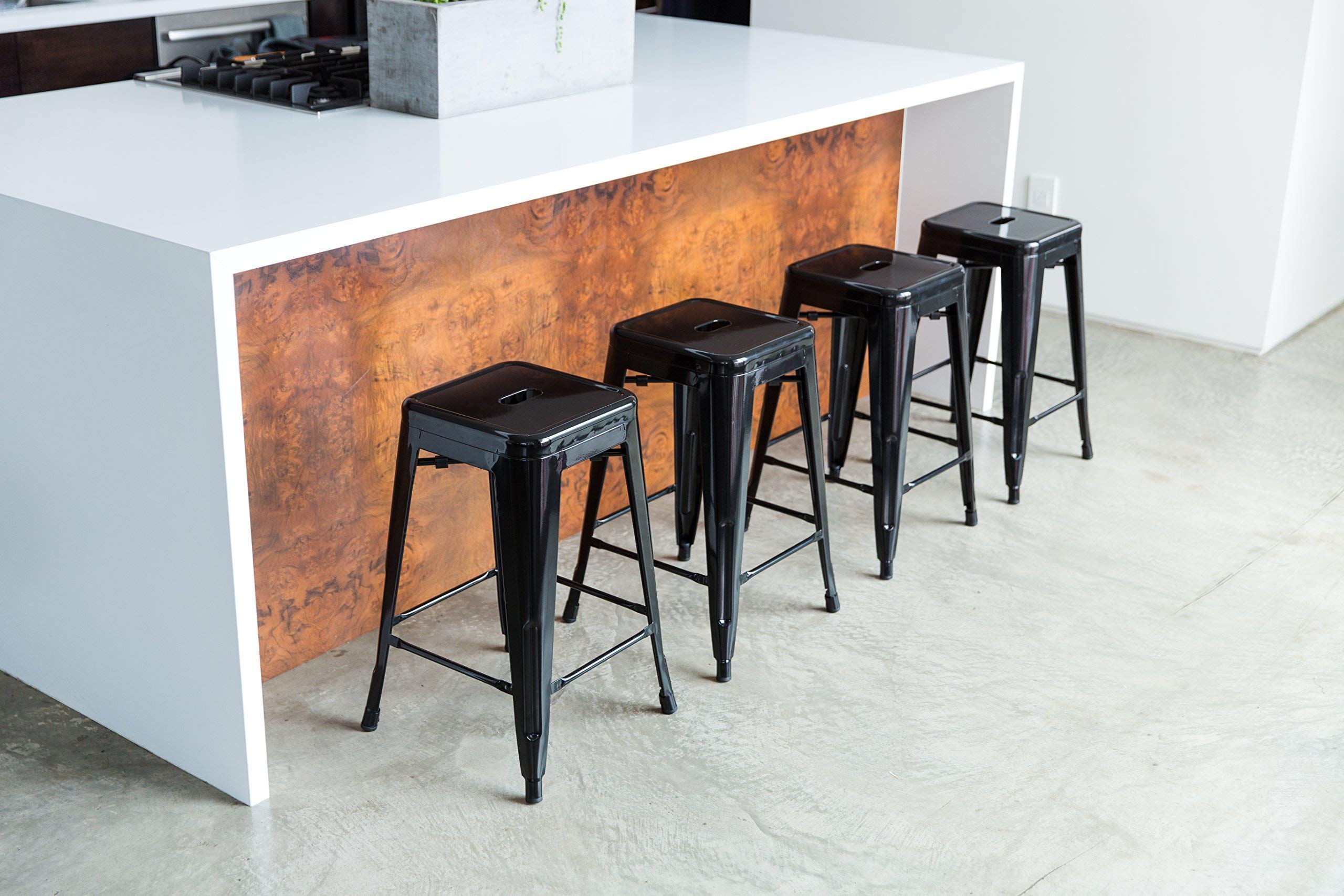 UrbanMod 24 Inches Metal Barstool Set of 4 – Counter Height Backless Bar Stool for Kitchen Island, Breakfast, Outdoors, Pub, Restaurant, Home, Patio – Stackable Heavy Duty Modern & Industrial (Black)