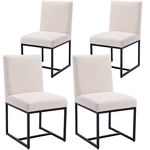 Set of 4 Linen Upholstered Dining Room Chair, Mid Century Modern Fabric Chair for Dining Room, with Black Metal Frame, Cream