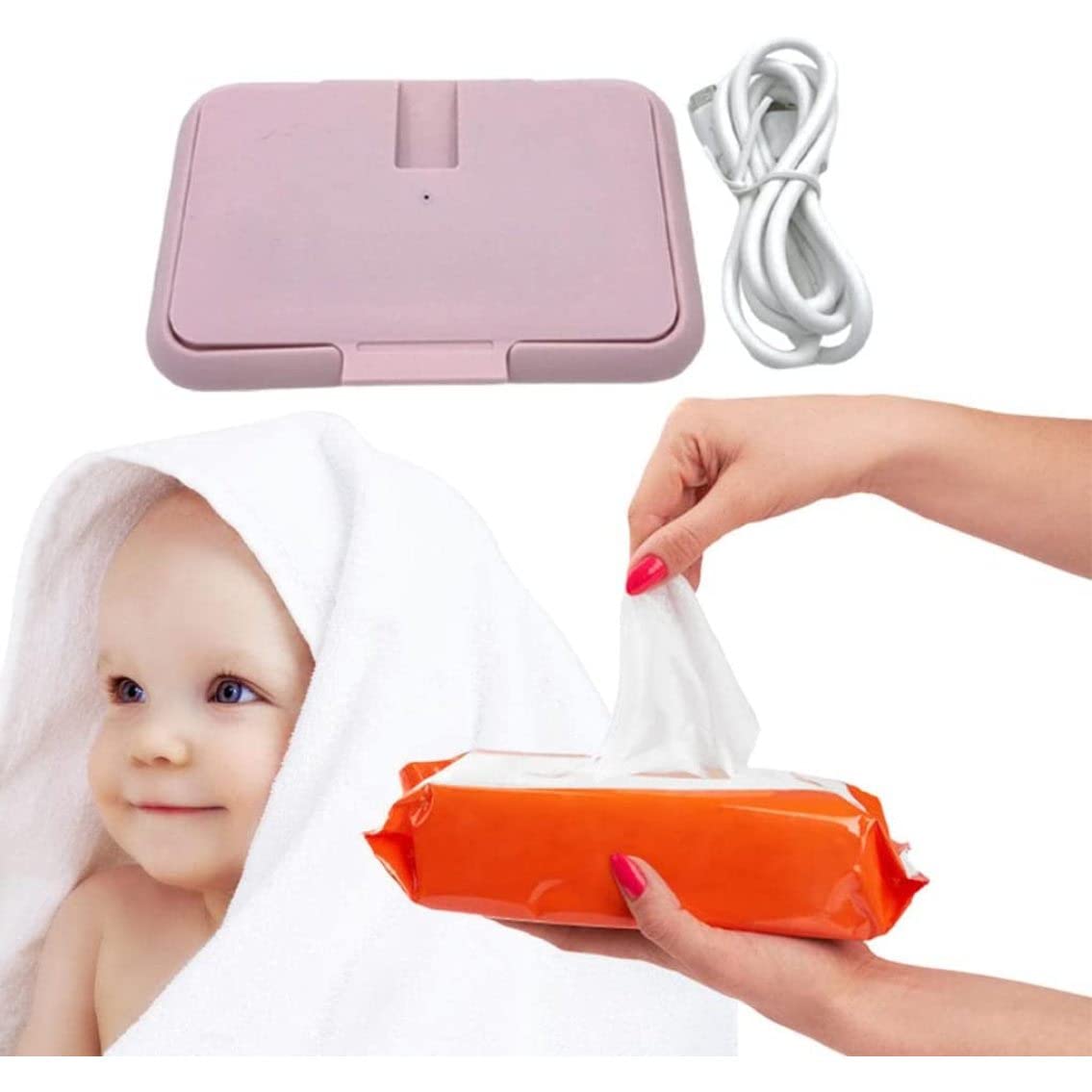 KUYYFDS Portable Baby Wipes Warmer Napkin Warmer Box Paper Warmer USB Charging Wet Wipes Dispenser for (Pink).