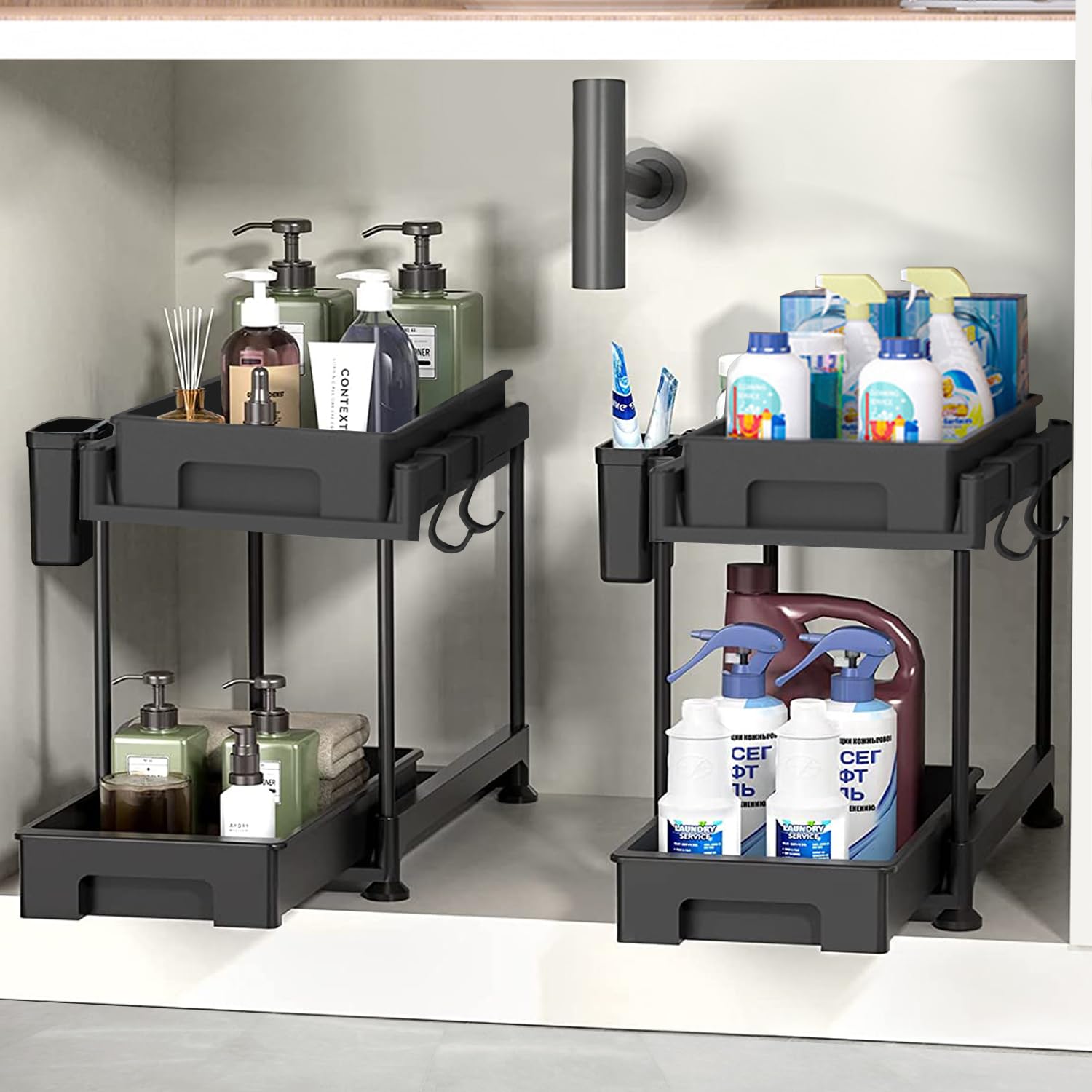 LBW 2 Packs Under Sink Organizer and Storage, 2 Tier Sliding Bathroom Cabinet Organizers Multi-Purpose Kitchen Organization and Storage,Drawer Pantry Organizer with Hooks,Black (Pack of 2)