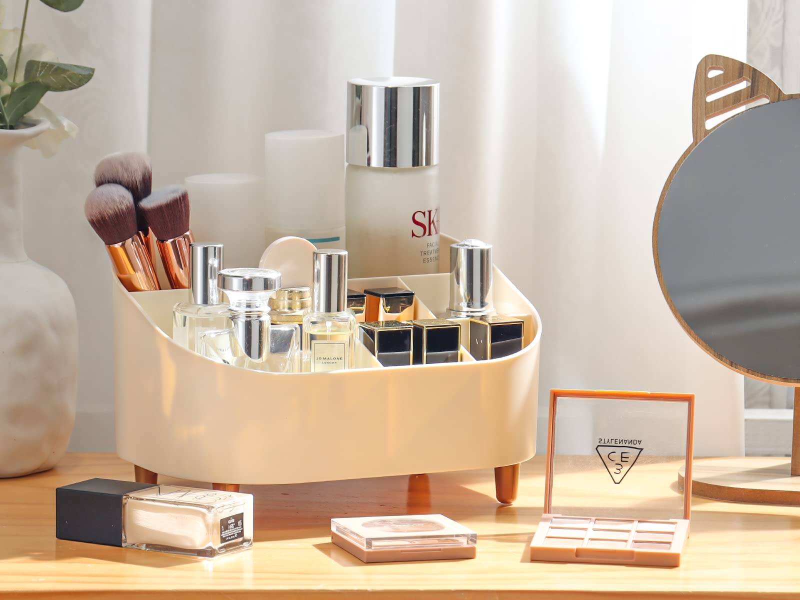 JULY'S SONG Makeup Organizer for Vanity Counter, 2 Pack Small Beauty Cosmetic Brush Skincare Stand Holder for Her Bathroom Countertop, White Opal