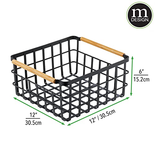 mDesign Metal Wire Storage Organizer Basket with Bamboo Wood Handles for Kitchen Pantry, Rustic Farmhouse Bin to Store Fruit, Coffee, Spices, Supplies, Yami Collection, 8 Pack, Matte Black/Natural/Tan