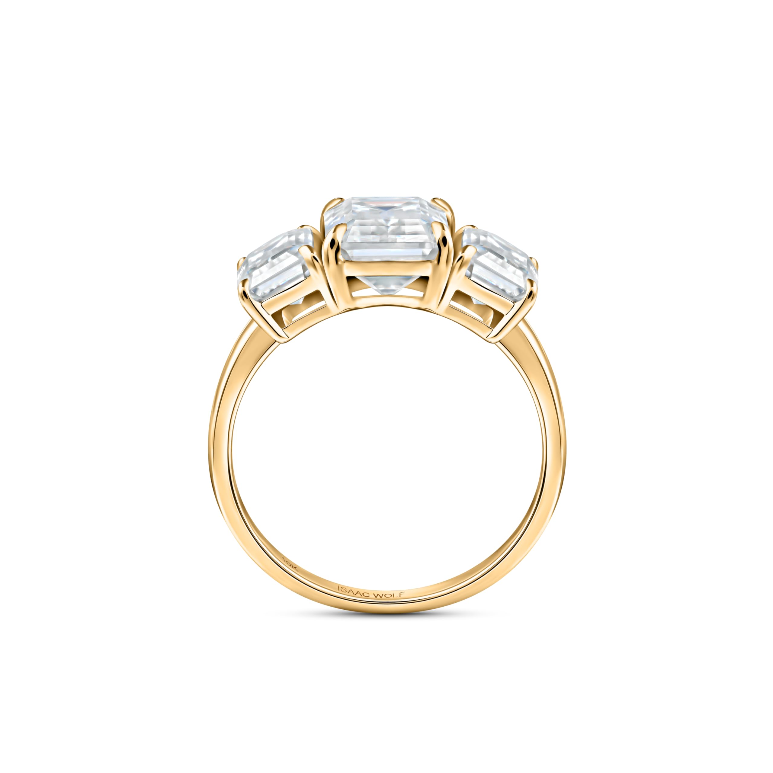 ISAAC WOLF 5 Carat Three Stone Emerald Moissanite Diamond Engagement Ring 10K Solid Gold in White, Yellow OR Rose GOLD (Yellow Gold, 7.5)