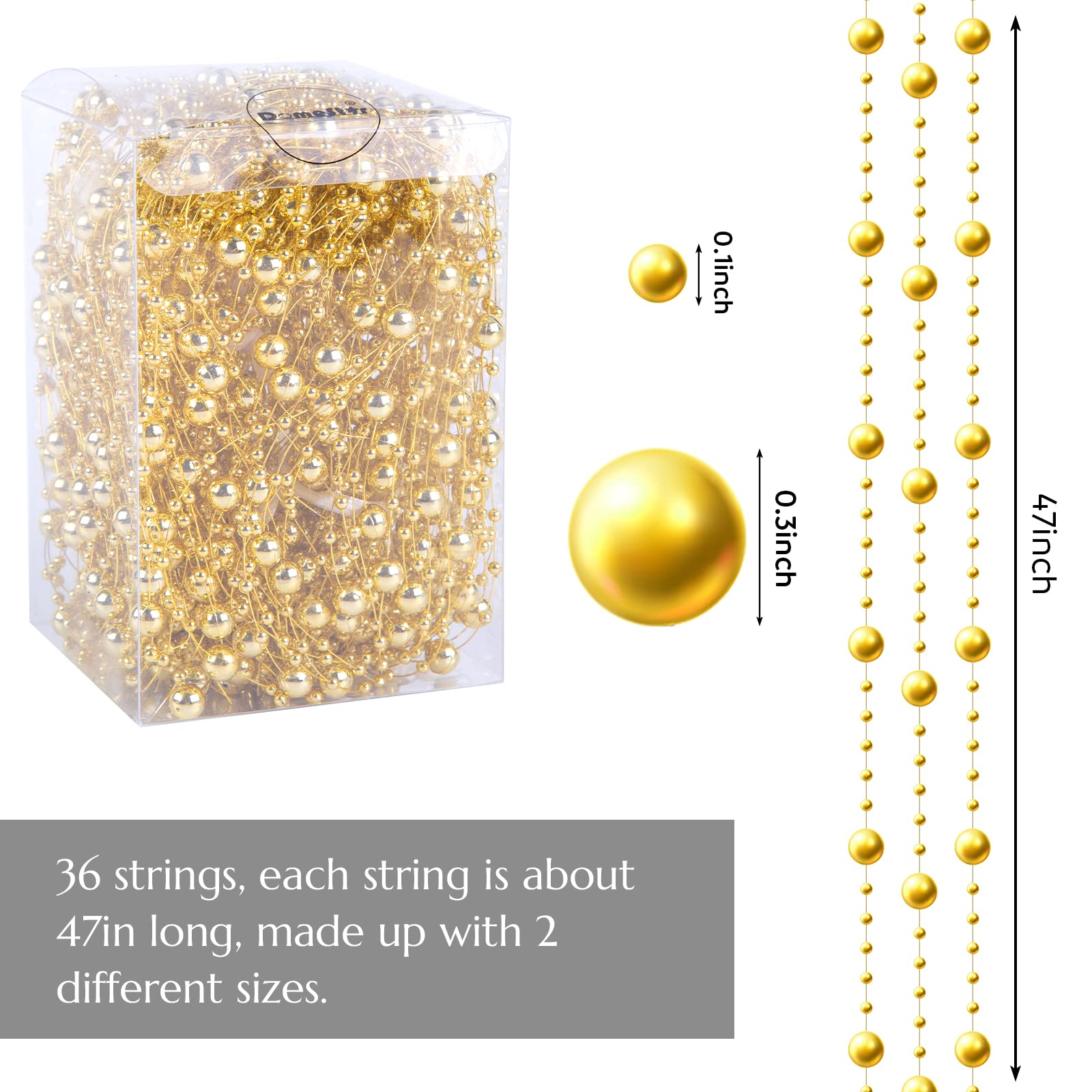 DomeStar 36 Pcs Artifical Gold Pearl String for Floating Candle,Floating Faux String Pearls Beads for Vases Filler Centerpiece Christmas Wedding DIY Crafts Party Decor