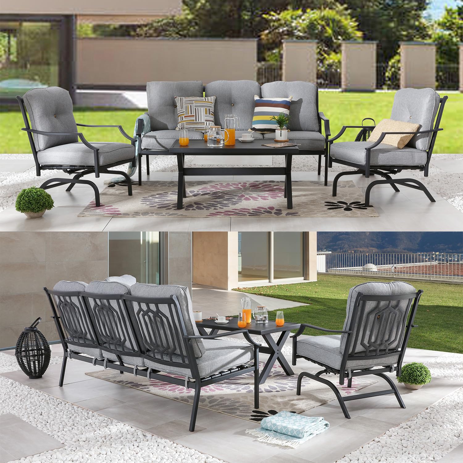 TOP HOME SPACE Patio Conversation Set 4 Piece Metal Outdoor Furniture Set Rocking Chairs with Cushions