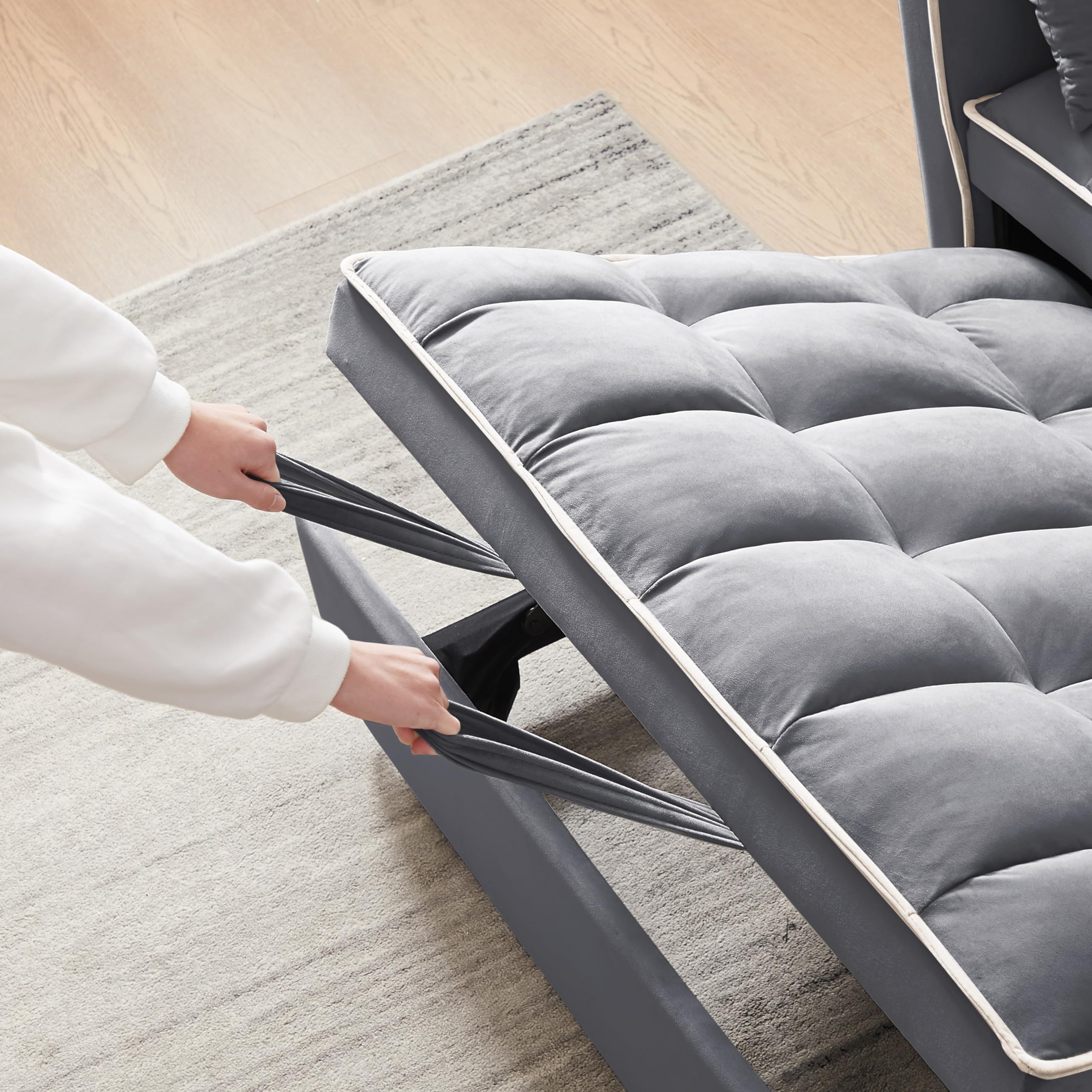 MYINDA 3-in-1 Sleeper Sofa Couch with Velvet Pullout Bed, 54.7’’ Convertible Sofa Bed Couch with Adjustable Backrest and USB Ports and Cup Holders for Bedroom Living Room (Grey)