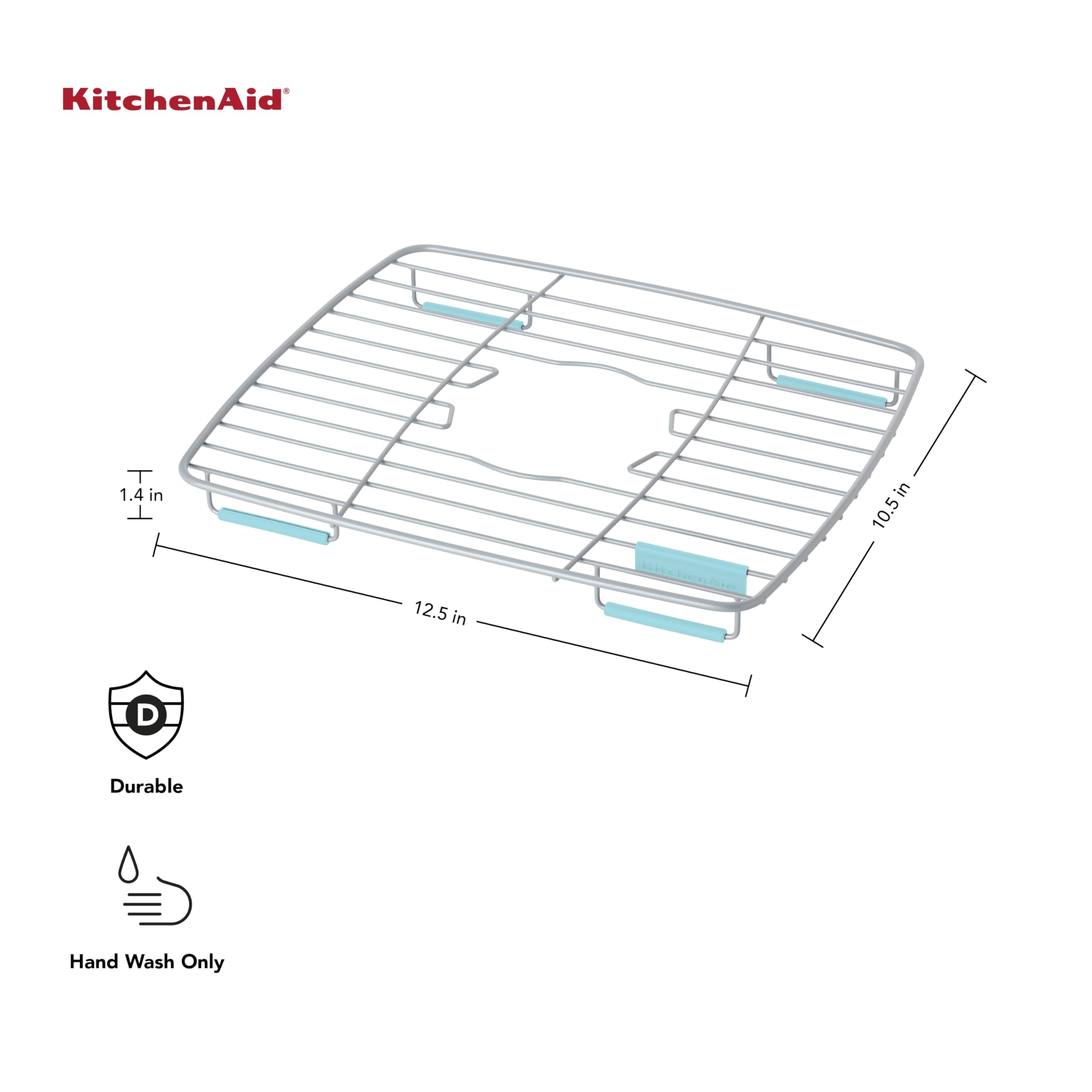 KitchenAid Rust Resistant Small Protector with Non Slip Feet and Center Opening for Sink Stopper and Quick Drying, 10.5 x 12.5 x 1.4 Inch, Mineral Water