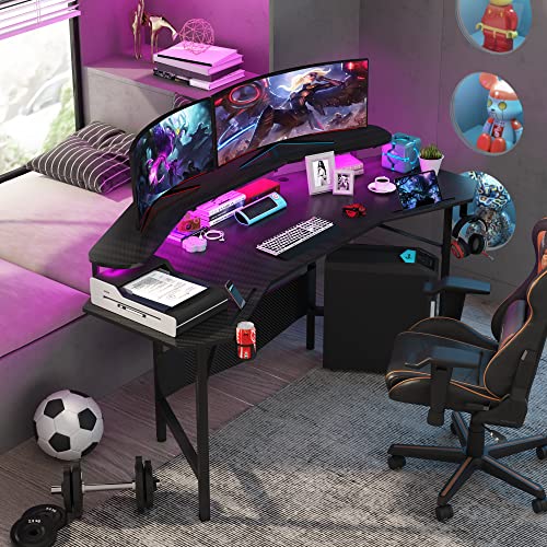 PAKASEPT Gaming Desk with Led Lights, 70.9” Large Wing-Shaped Desk, Carbon Fiber Surface Gaming Table with Monitor Stand, Headphone Hanger & Cup Holder & Dual Slots