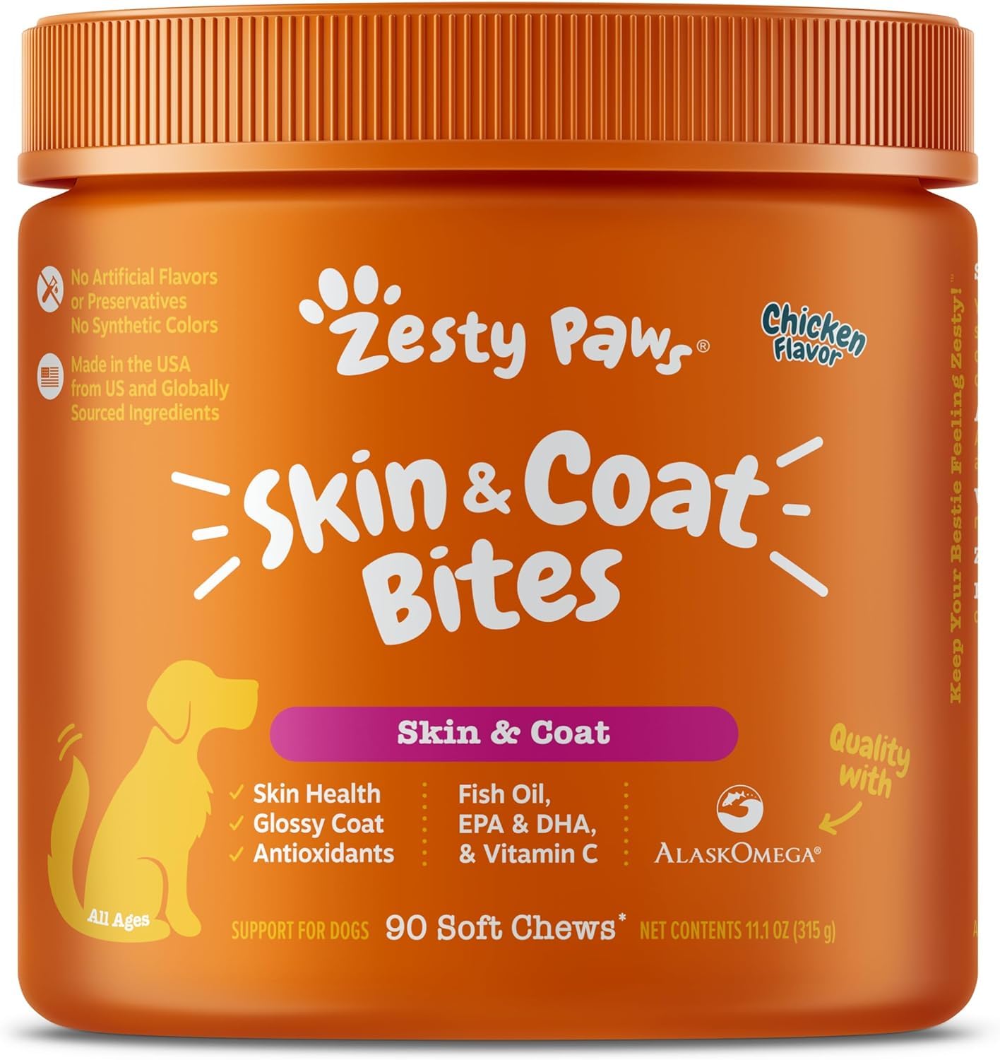 Omega 3 Alaskan Fish Oil Chew Treats for Dogs - with AlaskOmega for EPA & DHA Fatty Acids - Hip & Joint Support + Skin & Coat Chicken Flavor (90 Soft Chews)