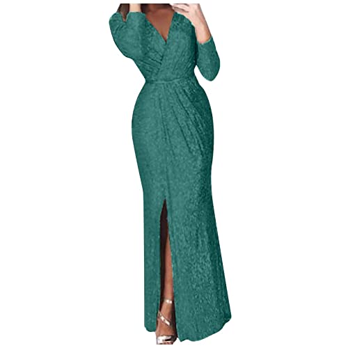 Sexy Long Sleeve Dress for Women, Sundresses Women Casual Beach HOCO Dress T Shirt Dresses Knee Length Women's Dress Deep V-Neck Sparkling Evening Dress Wedding Guest Casual (XXL, Green)