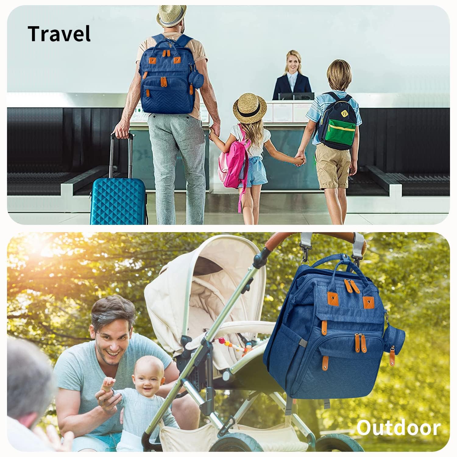 KABAQOO Diaper Bag Backpack, Large Baby Diaper Bags for Boys Girls, Baby Bag with USB Charging Port, Multifunction Waterproof Travel Back Pack for Moms Dads, Blue