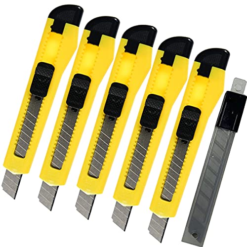 KINBRIEF 9mm Utility Knife Retractable Razor Box cutter for Cartons,Carboards compact Pack 5 with 10 Snap off Blades for Office and Home,yellow