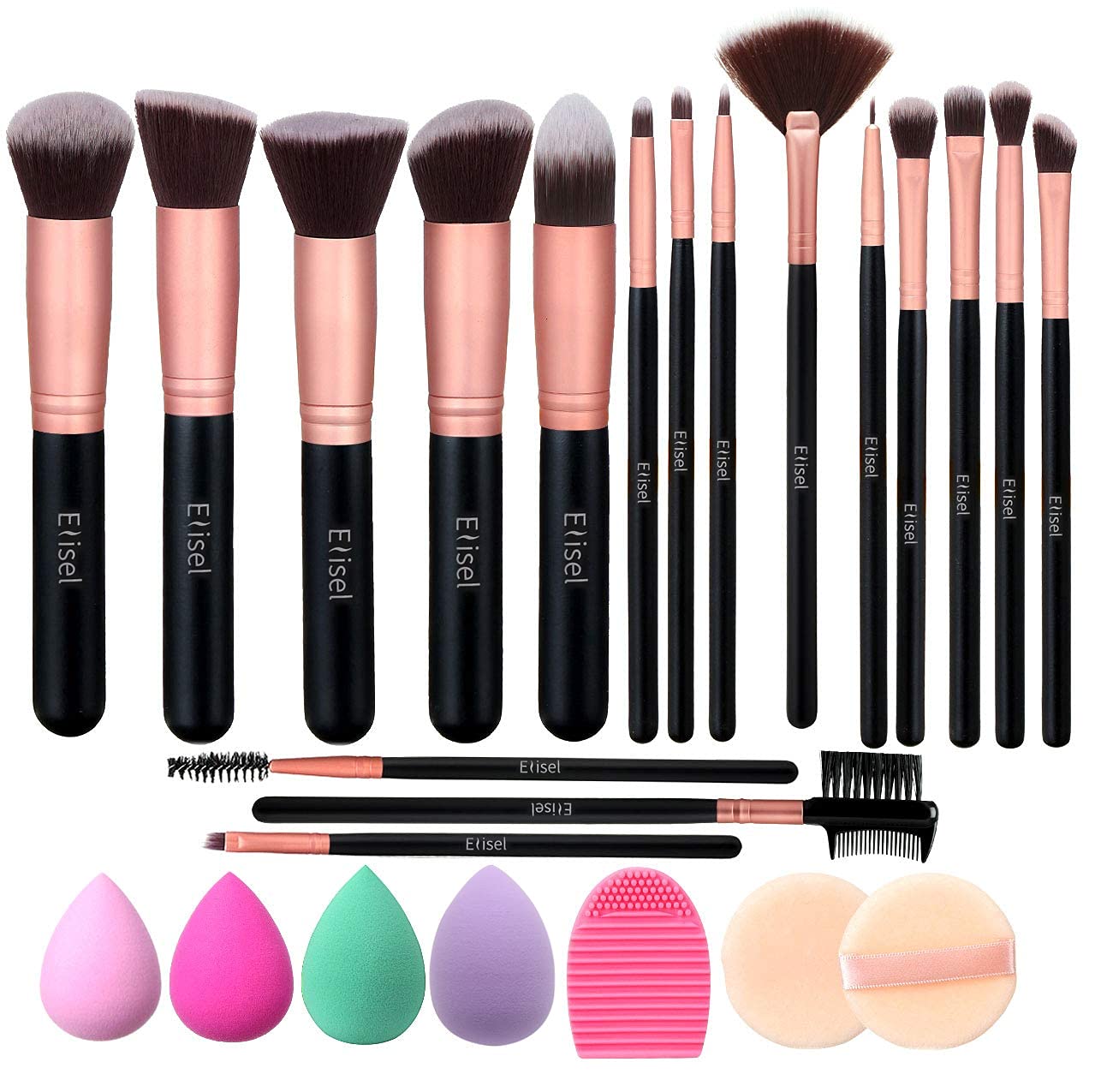 Elisel Makeup Brush Set, 17 Pcs Makeup Brushes with 4 Makeup Sponge Blender 2 Makeup Powder Puff 1 silicone brush cleaner Make Up Brushes Kit (Rose Gold 17)