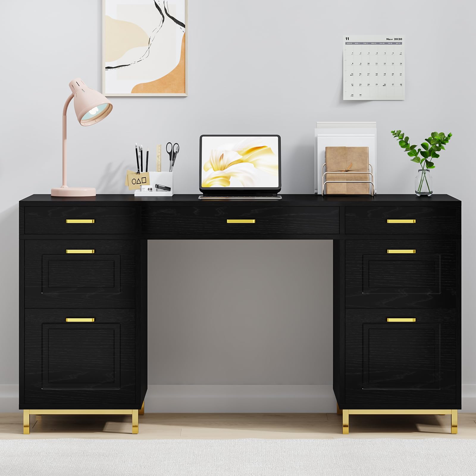 MaverickFurni Desk with 7 Drawers, 57 Inch Computer Desk with Storage, Desk with 2 File Drawers, Executive Desk for Home Office (Black and Gold)