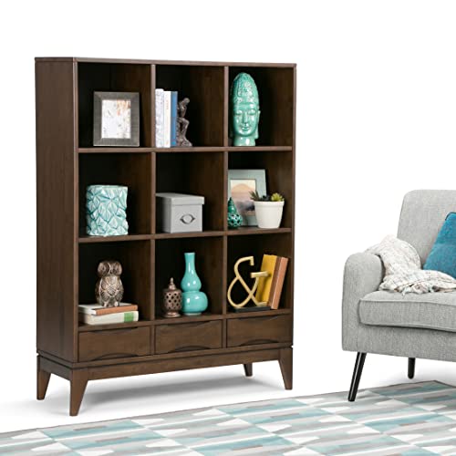 SIMPLIHOME Harper SOLID HARDWOOD 42 Inch Mid Century Modern Cube Storage Bookcase with Drawers in Walnut Brown, For the Living Room, Study Room and Office