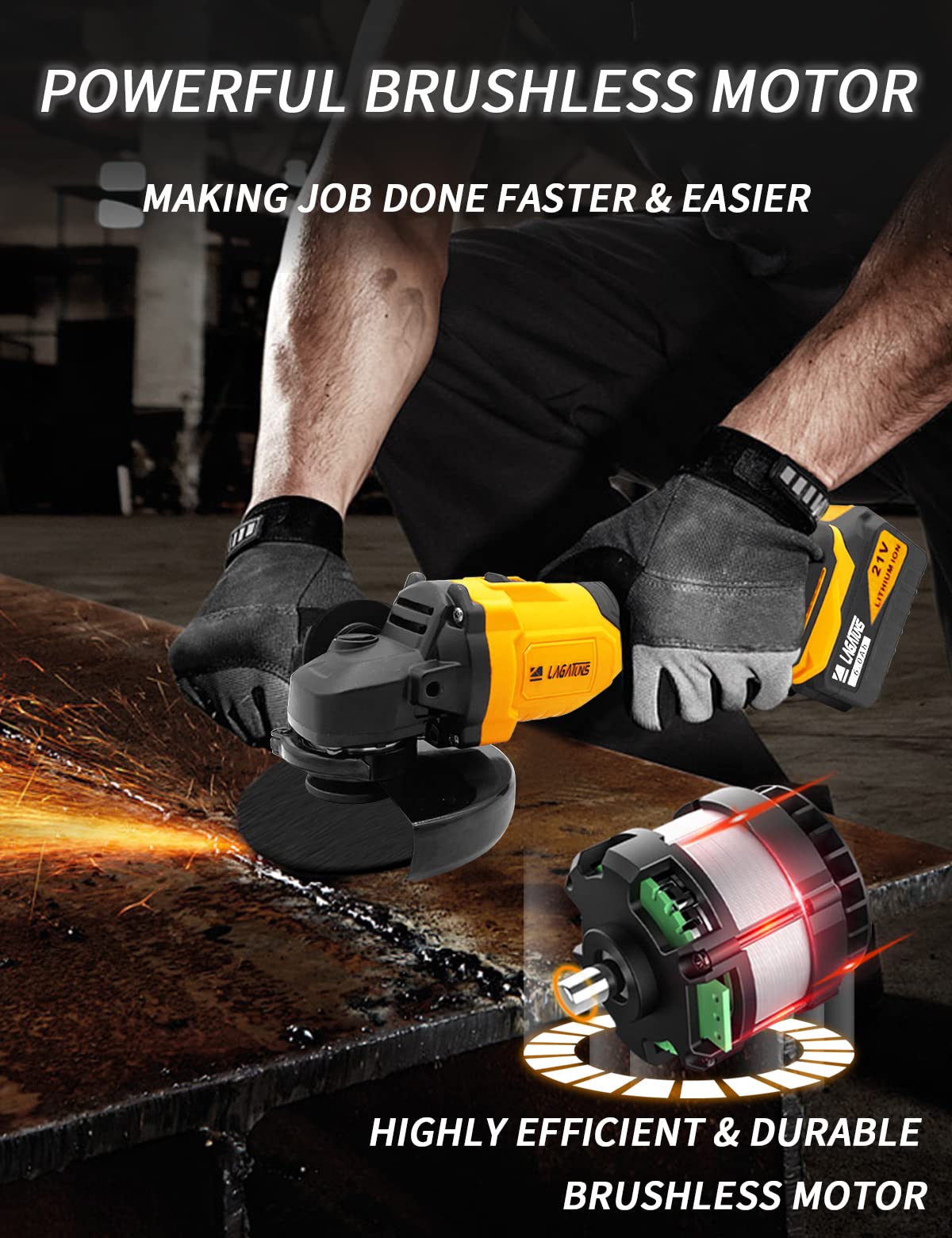 LAGATUNS Cordless Angle Grinder,Cordless Grinder w/21V 6.0Ah Li-Ion Battery & Charger,Brushless Motor, 4-1/2'' Blade, Quick-Change Wheel Guard, 2-Position Handle, Battery Grinder Tool set