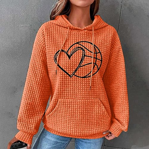 DOLKFU my recent orders placed by me womens sweatshirt Oversized Sweatshirt for Women Long Sleeve Cute Heart Graphic Print Waffle Hoodies Trendy Pullover with Pocket Orange XXL