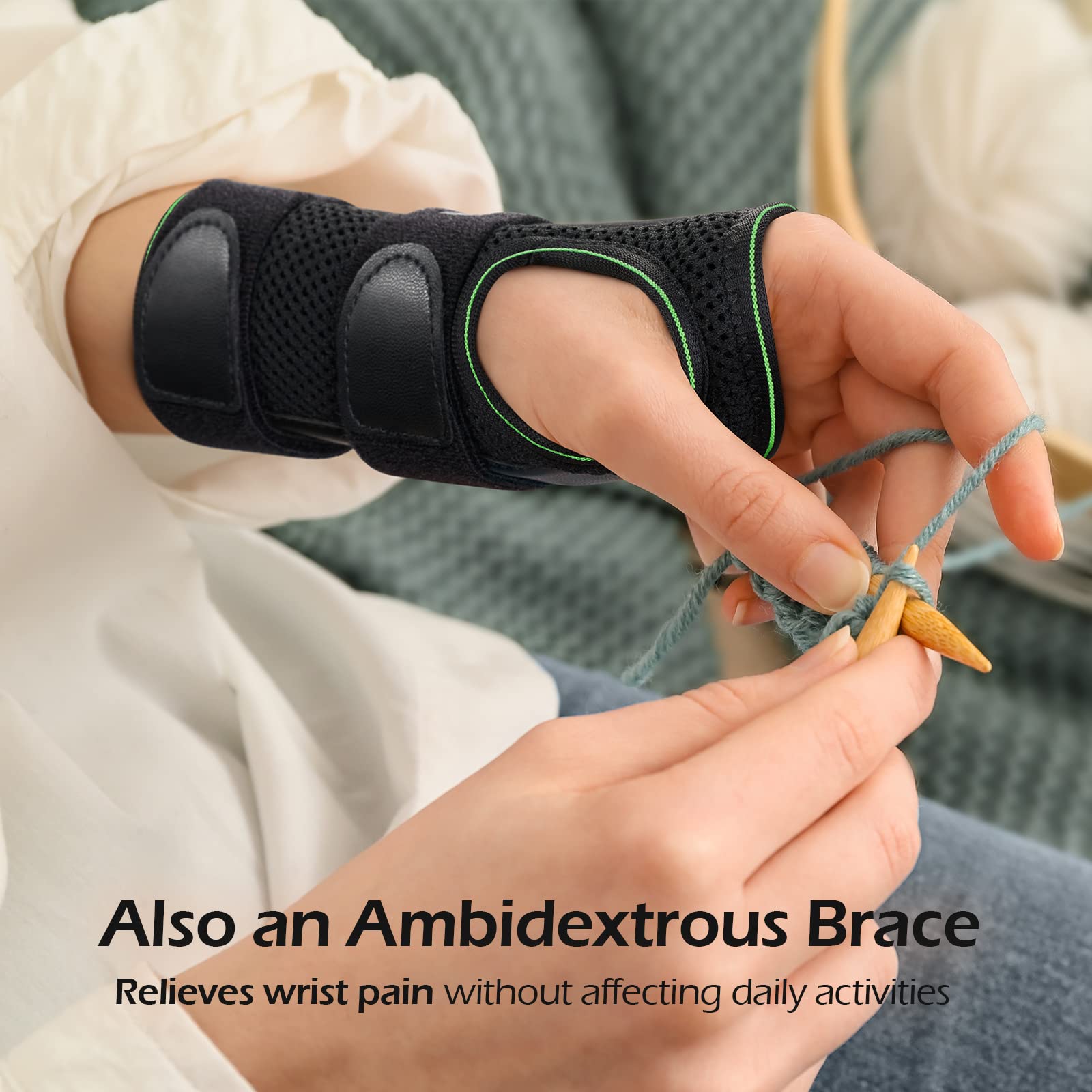 FREETOO Wrist Brace for Carpal Tunnel Relief Night Support , Maximum Support Hand Brace with 3 Stays for Women Men , Adjustable Wrist Support Splint for Right Left Hands for Tendonitis, Arthritis , Sprains, Green (Right Hand, S/M)