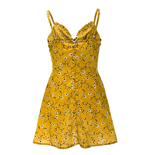 Floral Print Sleeveless Sling Dress Womens Front Lace Ups Back Zipper Patchwork Beach Dress Yellow