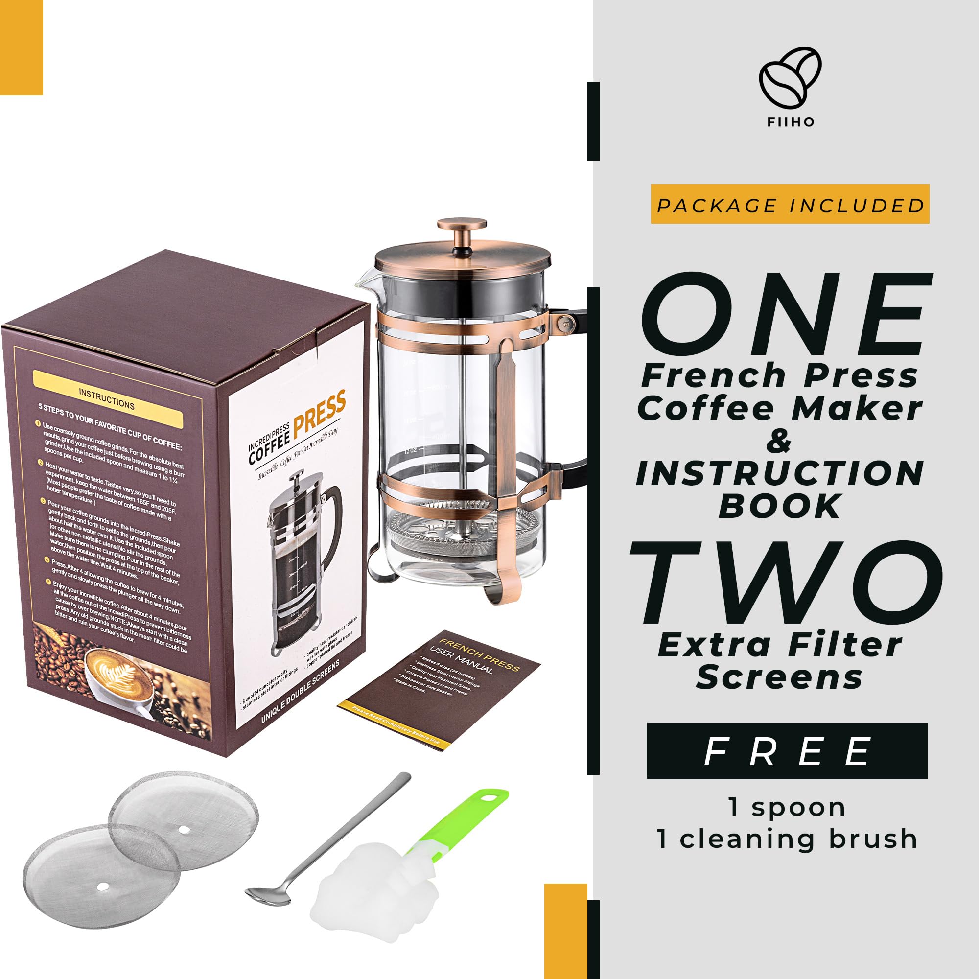 French Press Coffee Tea Maker（34oz）,304 Stainless Steel Coffee Press with 4 Filters Screen-100% No Residue -German Heat-Resistant Borosilicate Glass- BPA FREE -Dishwasherable，Copper