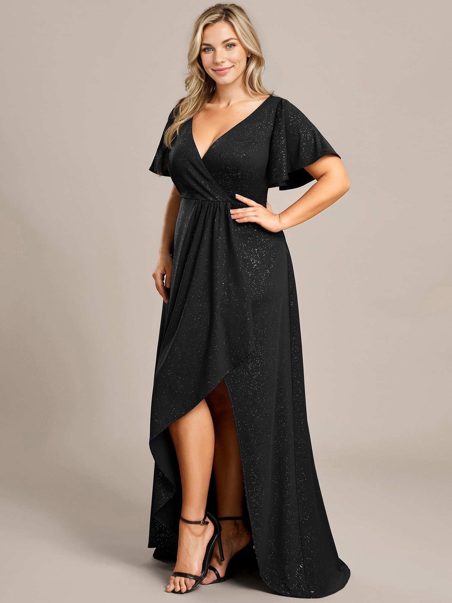Ever-Pretty Women's Plus Size A-line V Neck Maxi High Low Winter Fall Ball Gowns Party Dresses Black US18
