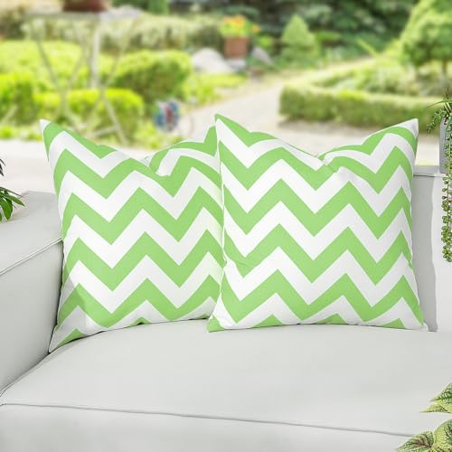 Lewondr Outdoor Throw Pillow Covers 18×18 Inch, 2 Pack Waterproof Striped Throw Pillow Cases, Decorative Outdoor Couch Pillow Covers for Cushion Patio Porch Farmhouse Garden Balcony, Green & White