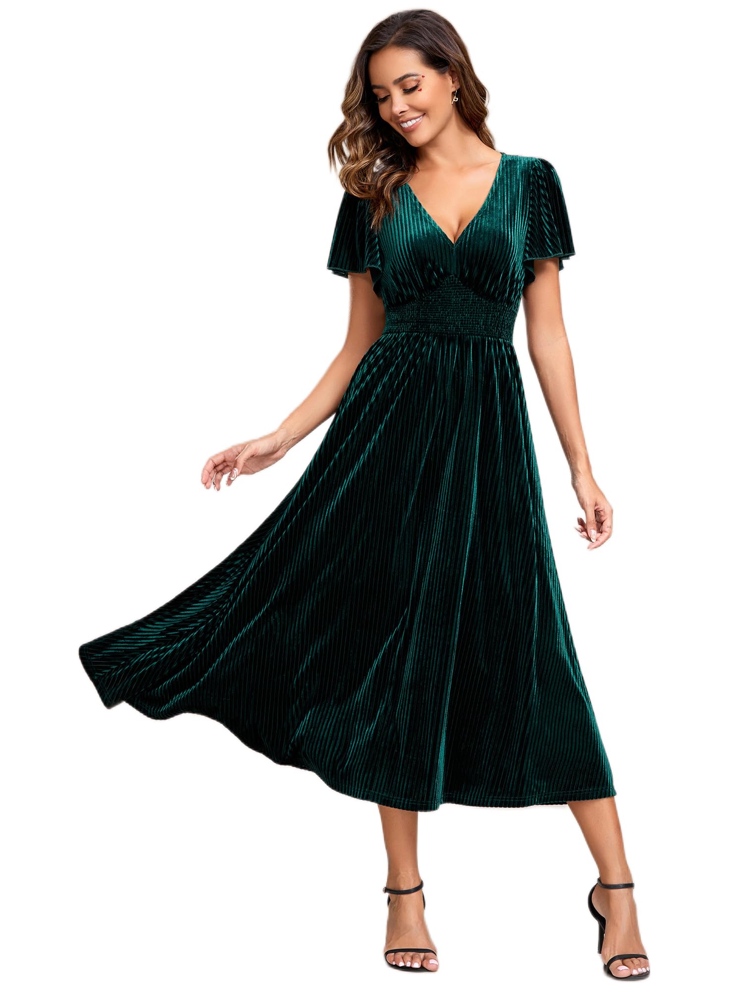 Ever-Pretty Women's Short Sleeve V Neck A Line Velvet Midi Dress Bridesmaid Cocktail Party Dresses Deep Green US6