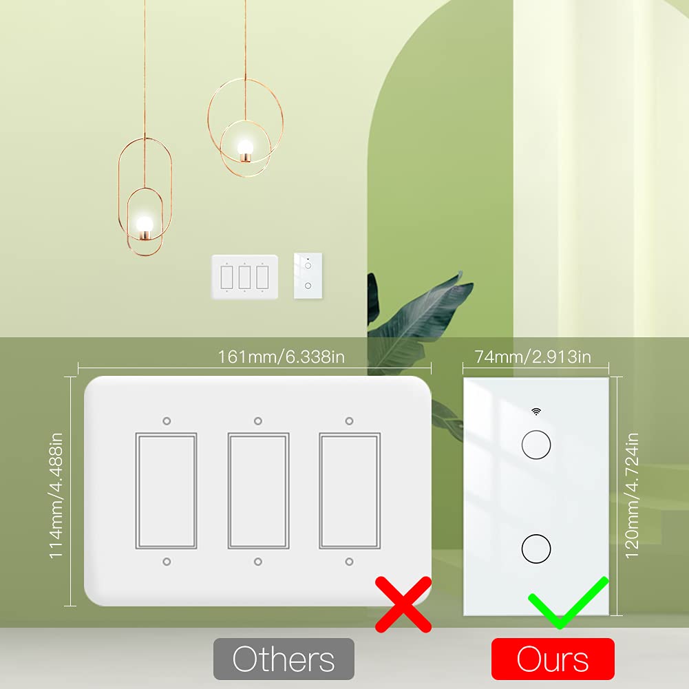 MoesGo WiFi Smart Wall Light Switch,Glass Panel, Multi-Control(3 Way), 2.4GHz Wi-Fi Touch Switches, Neutral Wire Required, Remote Control Smart Life/Tuya App, Work with Alexa, Google Home White 2 Gang