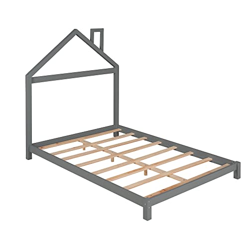 Oudiec Full Size Wood Platform Bed with House-Shaped Headboard,Wooden Bedframe for Boys/Girls/Teens/Kids Bedroom, No Box Spring Required, Gray