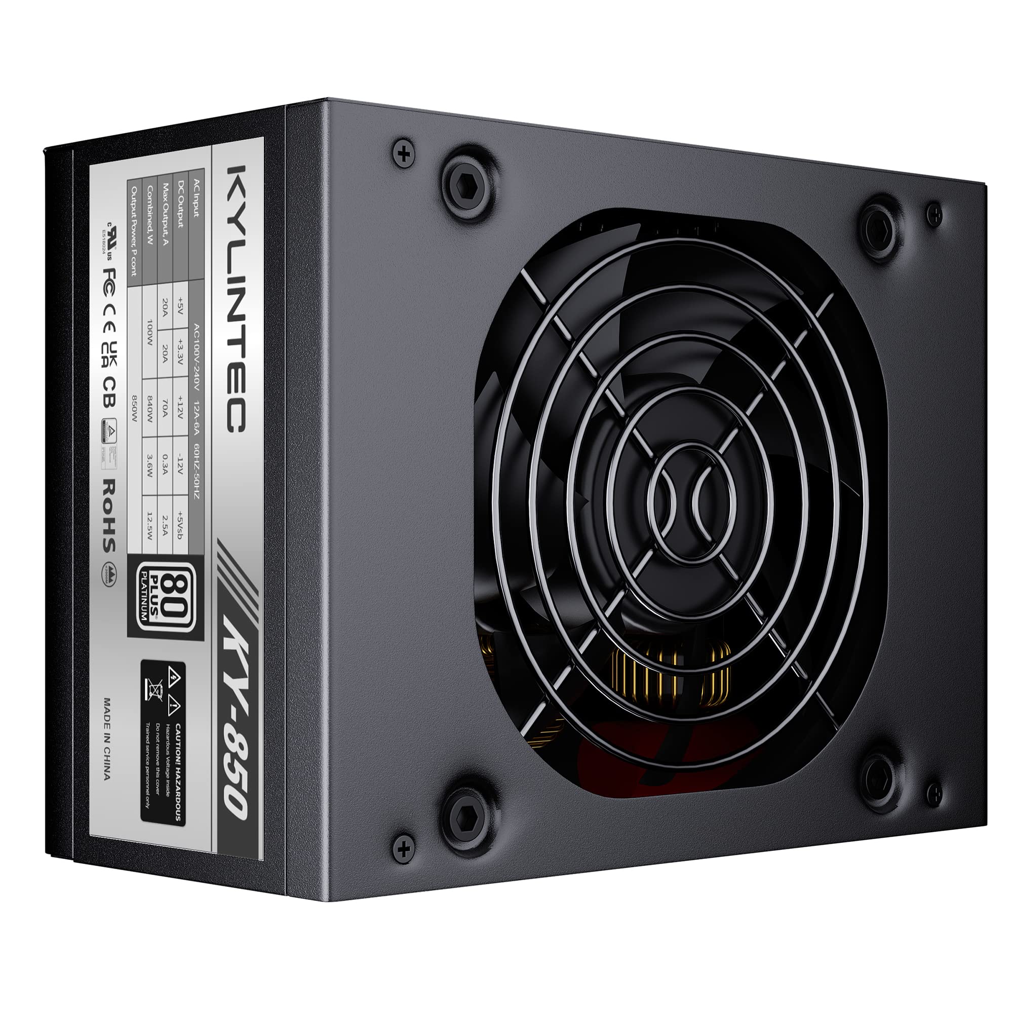 KYLINTEC SFX850 850W SFX Power Supply Fully Modular 80 Plus Platinum PSU with Improved Hydraulic 80mm Fan and Japanese Capacitors.