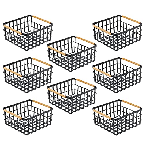 mDesign Metal Wire Storage Organizer Basket with Bamboo Wood Handles for Kitchen Pantry, Rustic Farmhouse Bin to Store Fruit, Coffee, Spices, Supplies, Yami Collection, 8 Pack, Matte Black/Natural/Tan