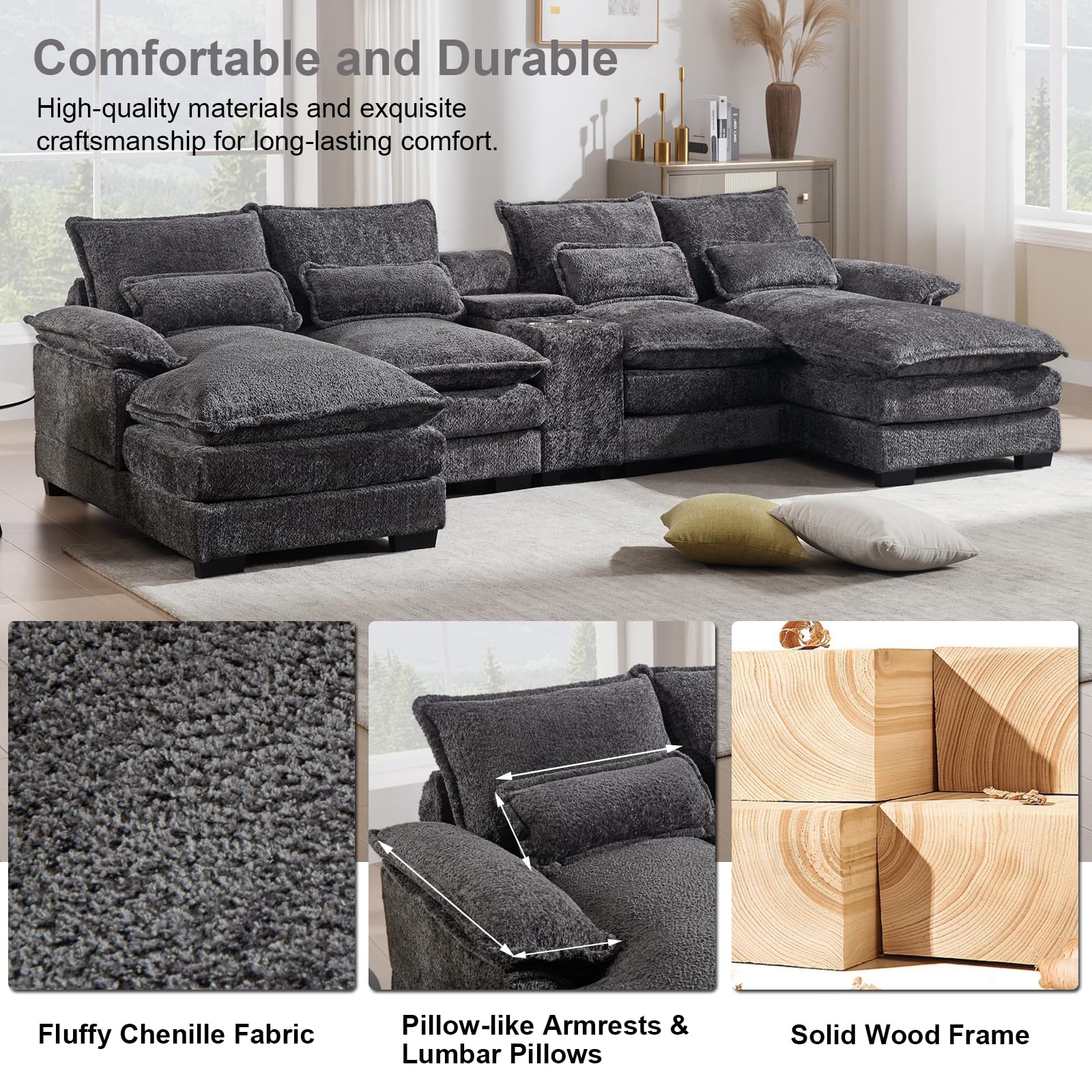 KIVENJAJA 123β Modular Sectional Couch with Console, Cup Holders and USB Ports, Modern U-Shaped Cloud Sofa w/Double Chaise & Deep Seat for Living Room, Chenille, Grey