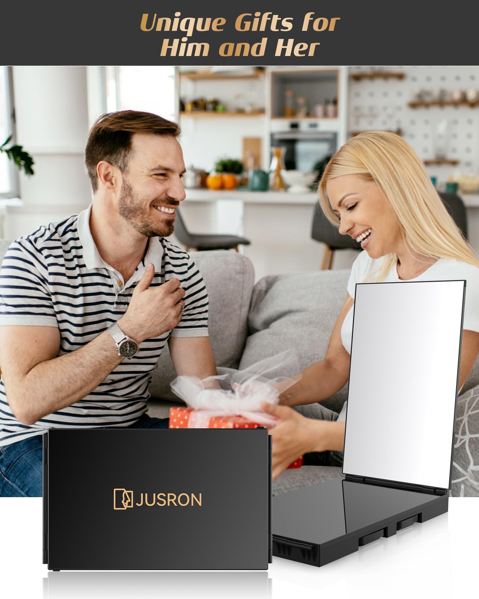 JUSRON 360 Viewing Angle Self Hair Cutting Mirror, Clear Anti-Fog HD Glass (Black with LED, with Accessories)