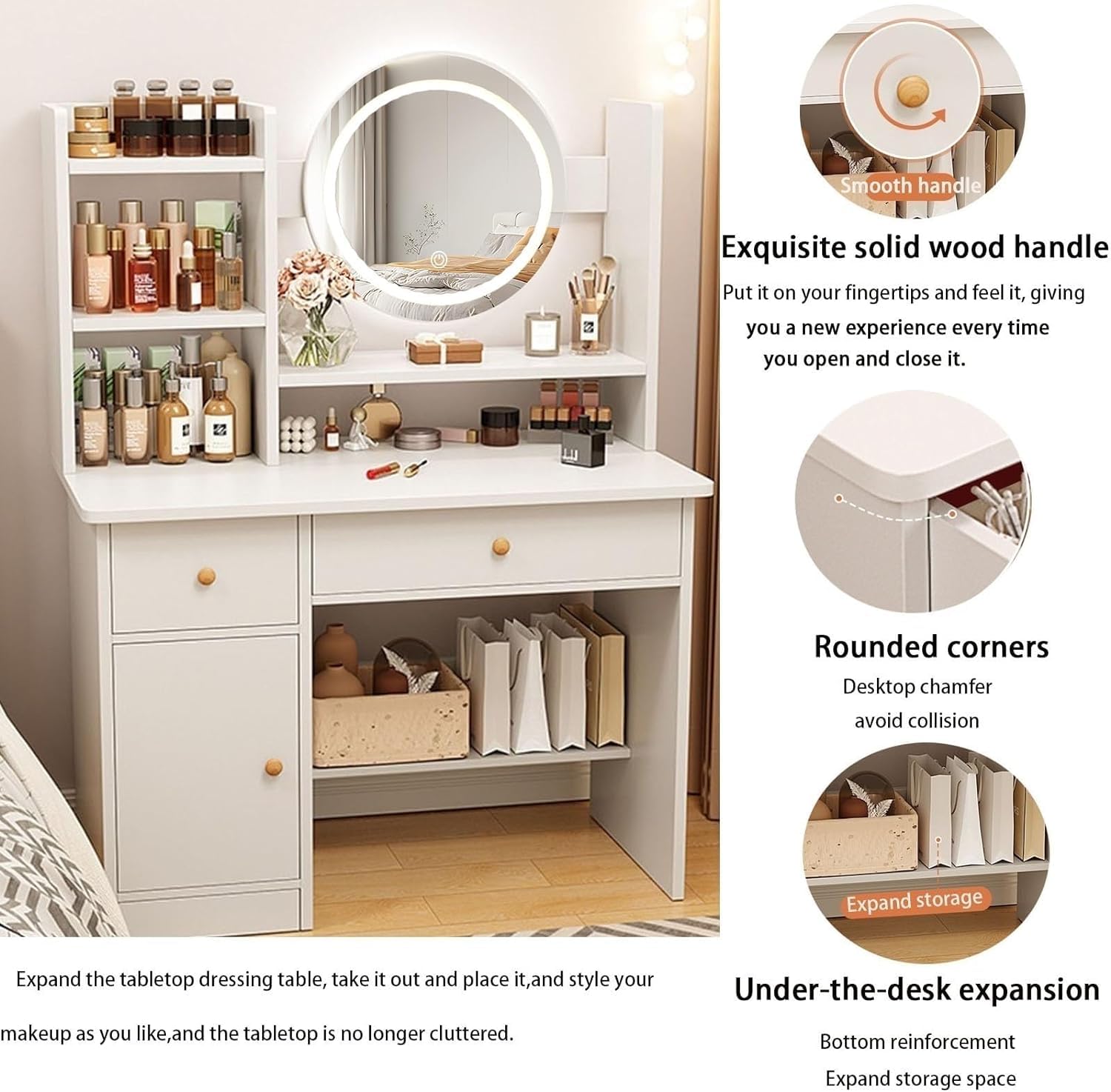 MONGMON Dressing Table,Makeup Table with Drawers, Vanity Desk with Mirror and led Lights,3 Lighting Mode,Makeup Vanity Desk,Multifunctional Makeup Writing Desk for Bedroom (White)
