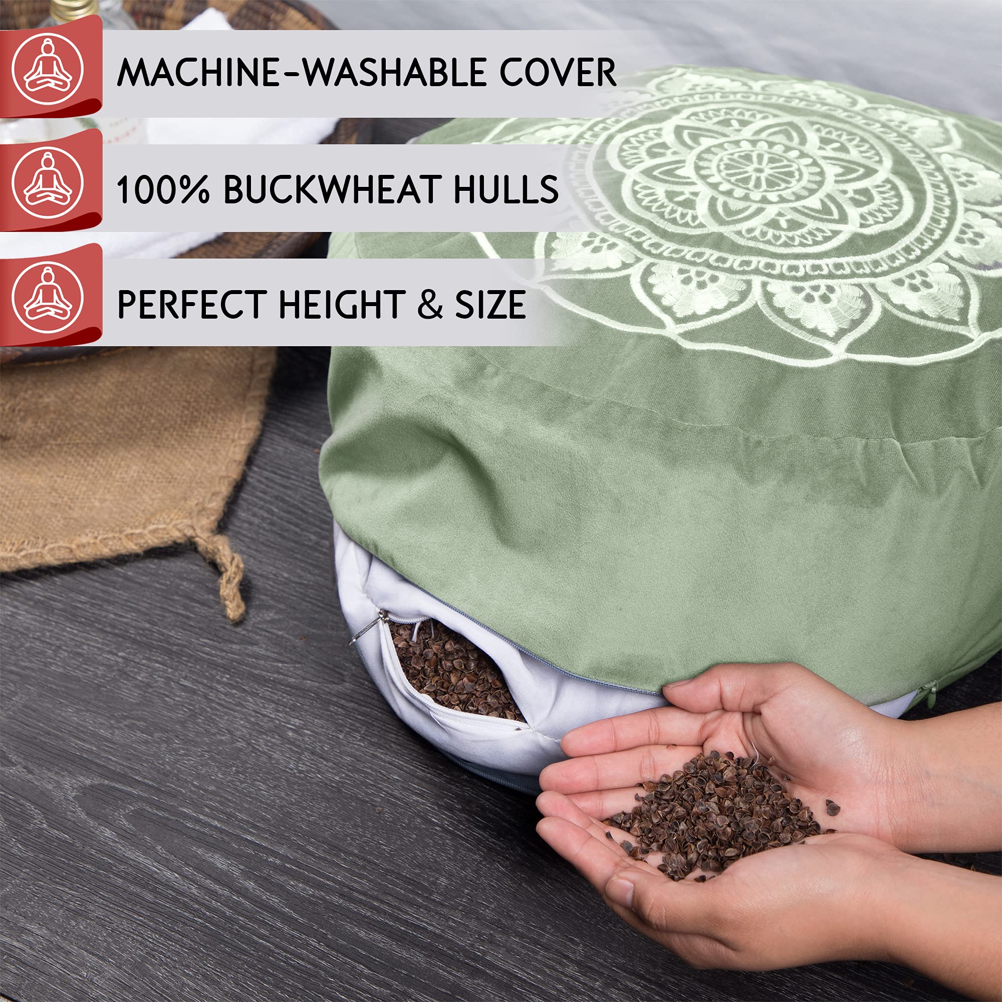 Florensi Yoga & Meditation Bundle | Sage Green Meditation Cushion & Yoga Wheel 3 Pack