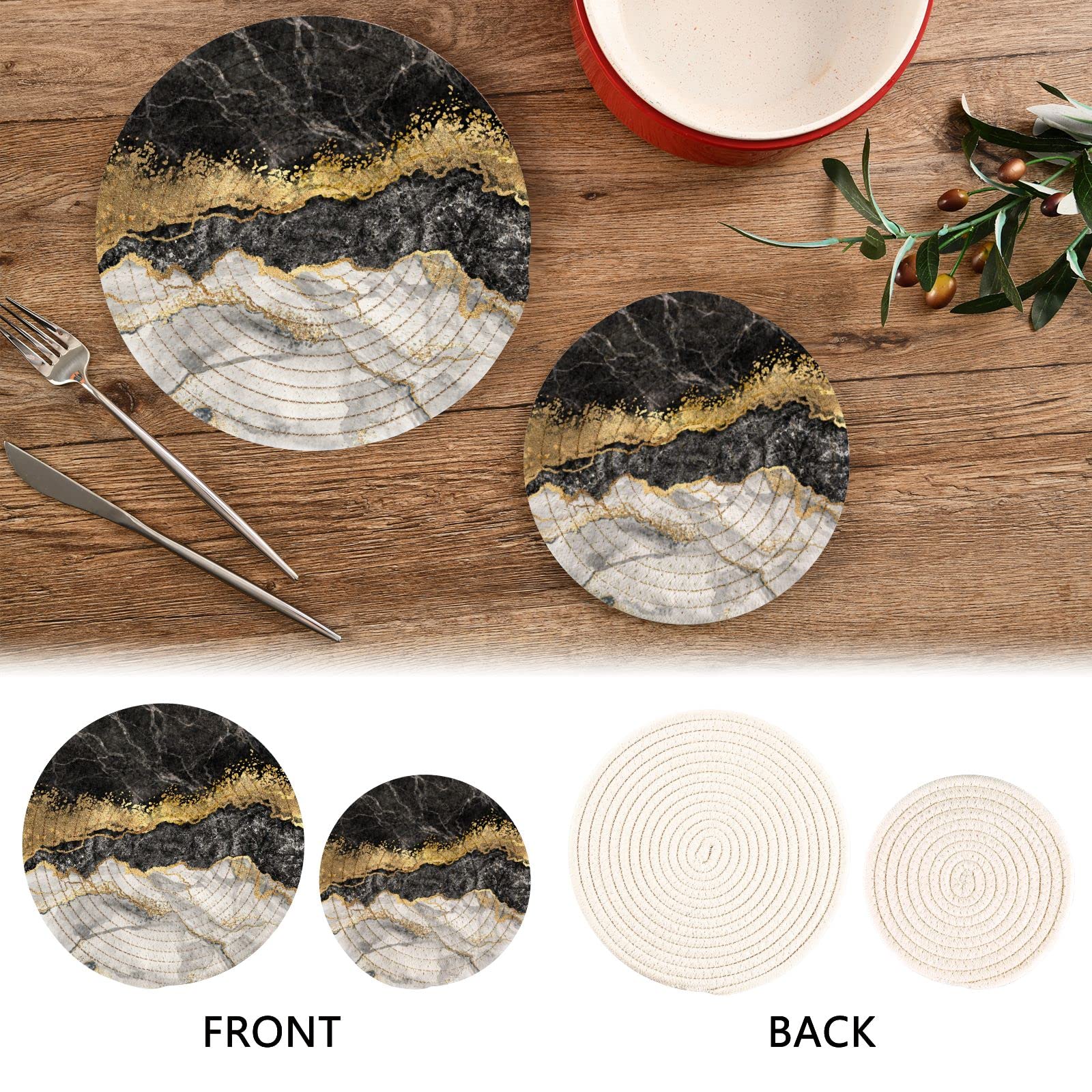 Kitchen Pot Holders Set Round Cotton Potholders Hot Pads, Hot Mats Gold Black Marble for Hot Dishes Pot Bowl Teapot