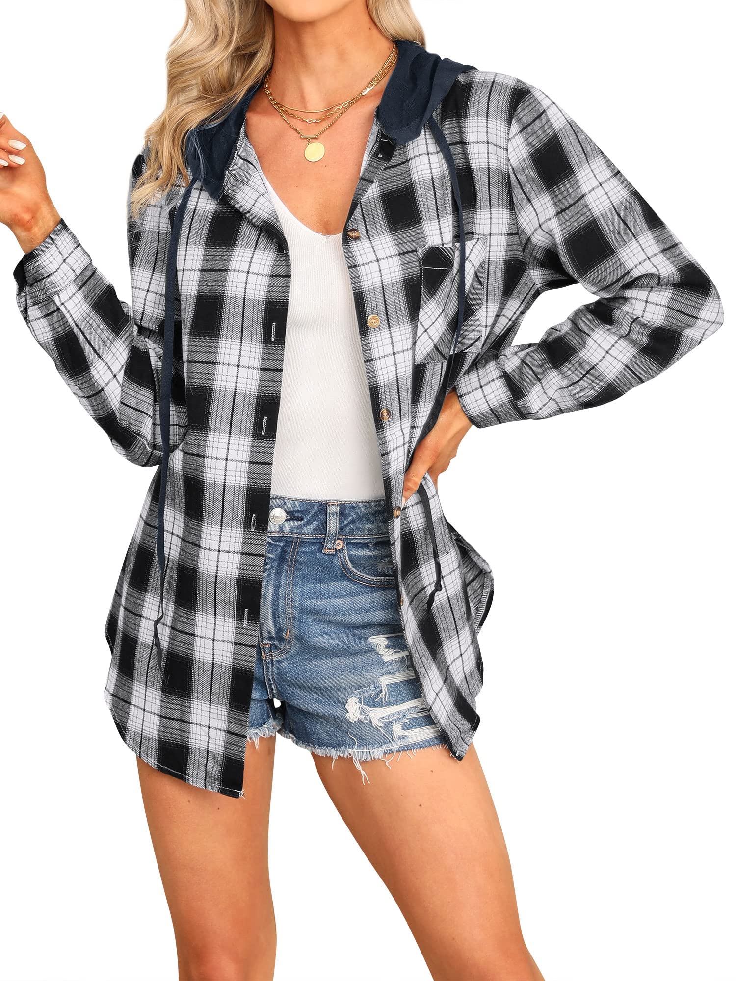Ezcosplay Women Shacket Flannel Plaid Tops Long Sleeve Plaid Blouse Hood Button Down Casual Shirt Coat