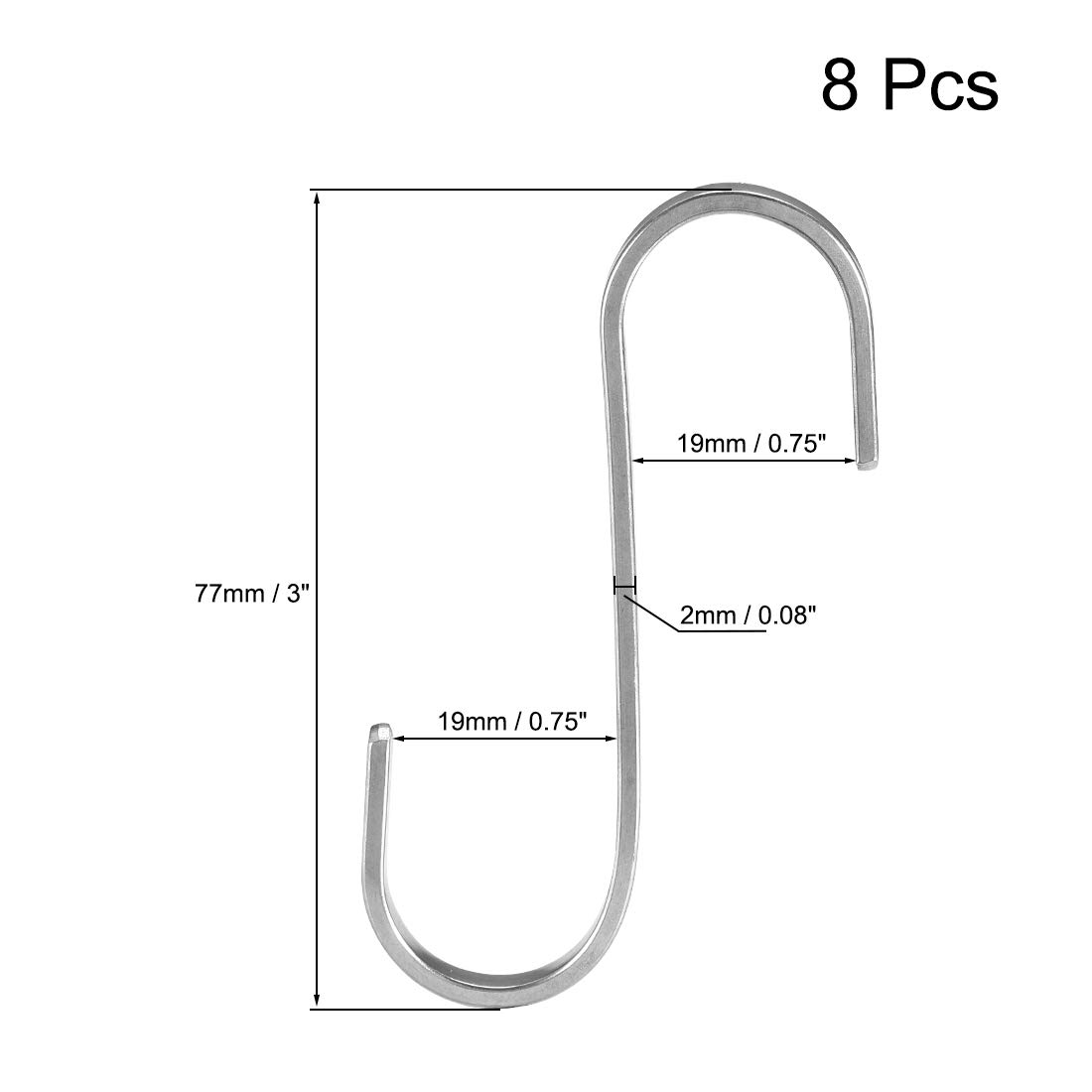 uxcell Stainless Steel S Hooks 3" Flat S Shaped Hook Hangers for Kitchen Bathroom Bedroom Storage Room Office Outdoor Multiple Uses 8pcs