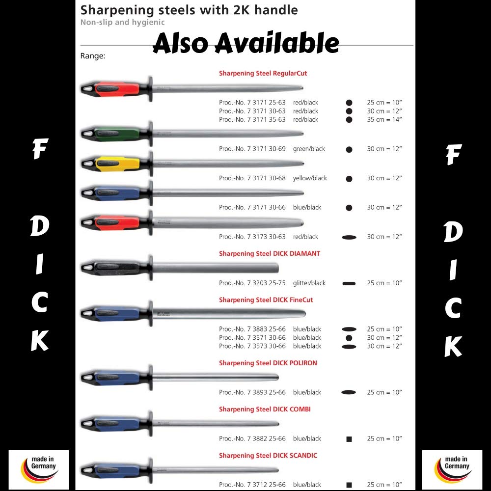 F. Dick 2K Series 12" Round Regular Cut Steel - Large Diameter 12" Round Rod With Dual Density Handle Featuring Non-Slip Polymer Grip Area - German Made - Mad Cow Cutlery Red