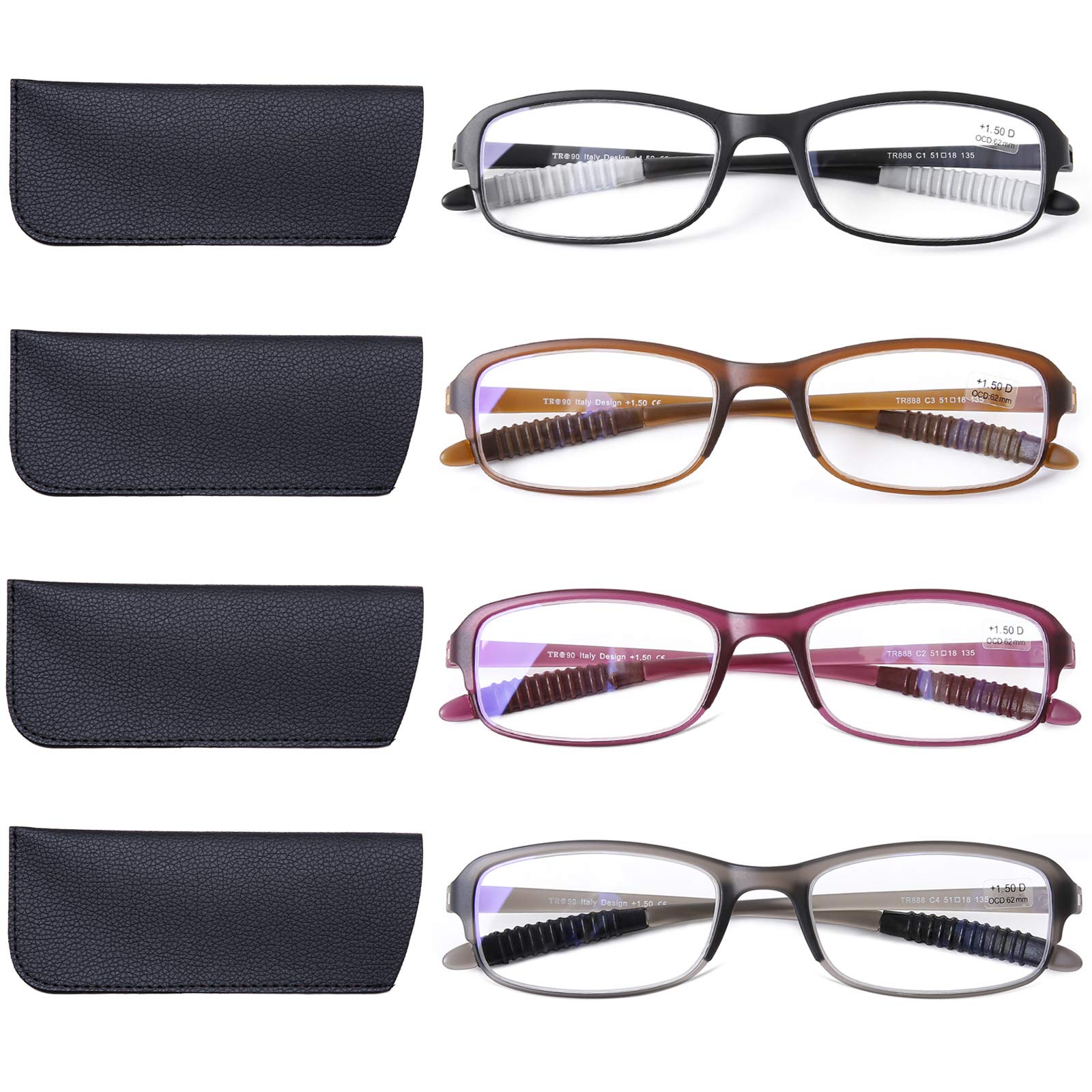 DOOViC 4 Pack Computer Reading Glasses Blue Light Blocking Anti Eyestrain Flexible Lightweight Readers for Women Men 1.75 Strength